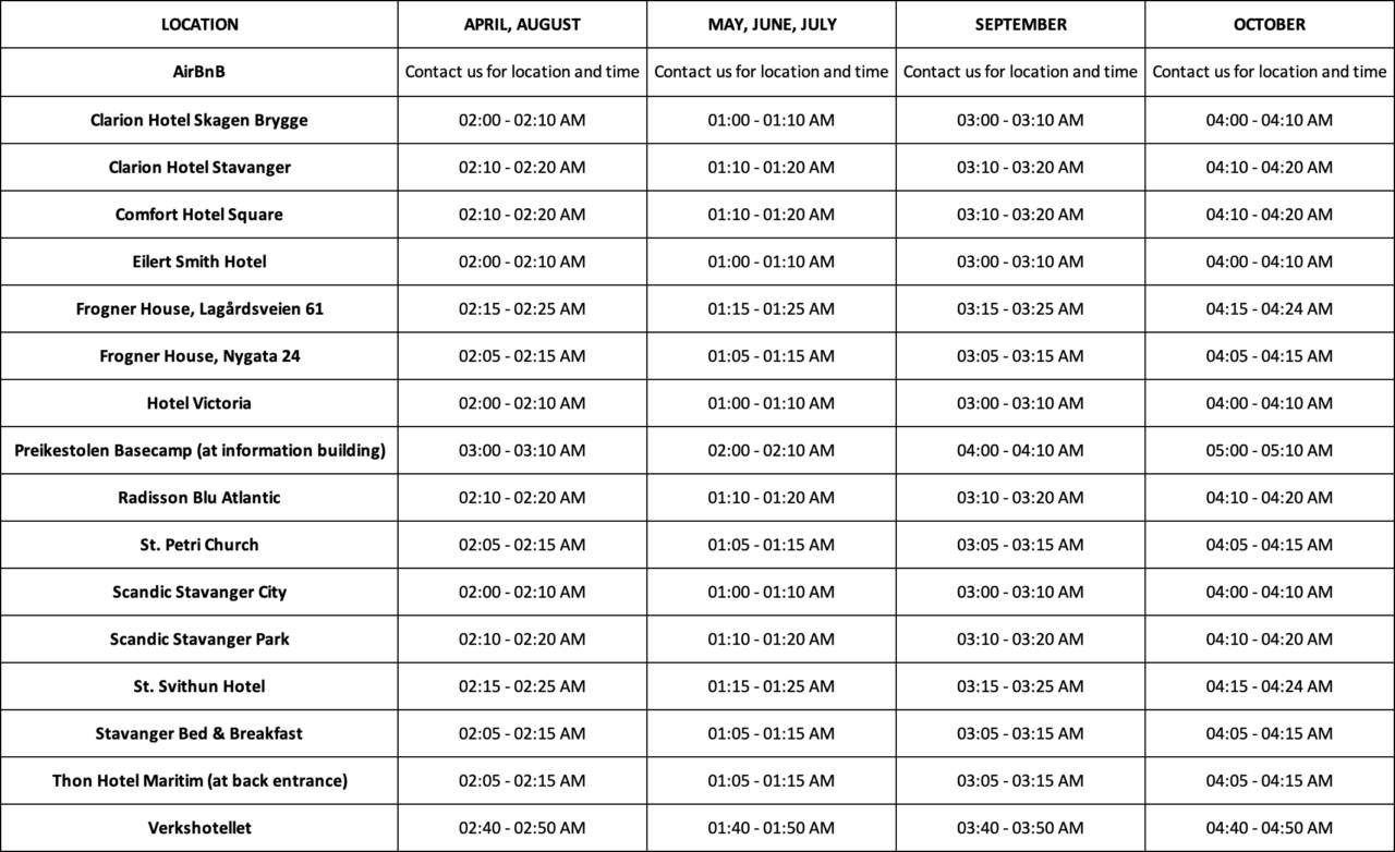 Pick-up time tables | Explore Lysefjorden